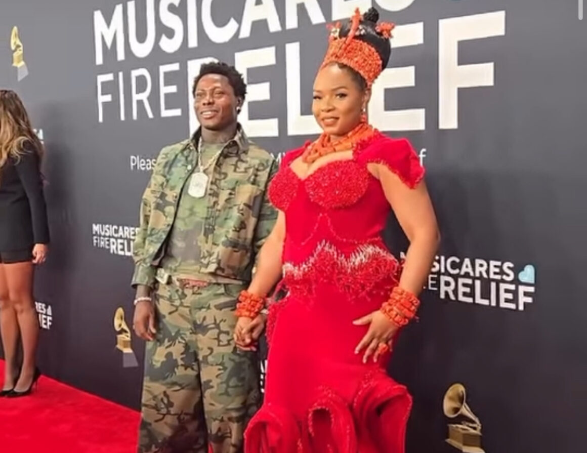 Yemi Alade stuns in regal Edo attire on the Grammys Red Carpet